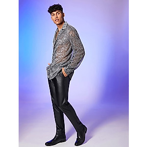 WDIRARA Men's Sheer Mesh See Through Glitter Button Front Long Sleeve Shirt Tops Silver XL