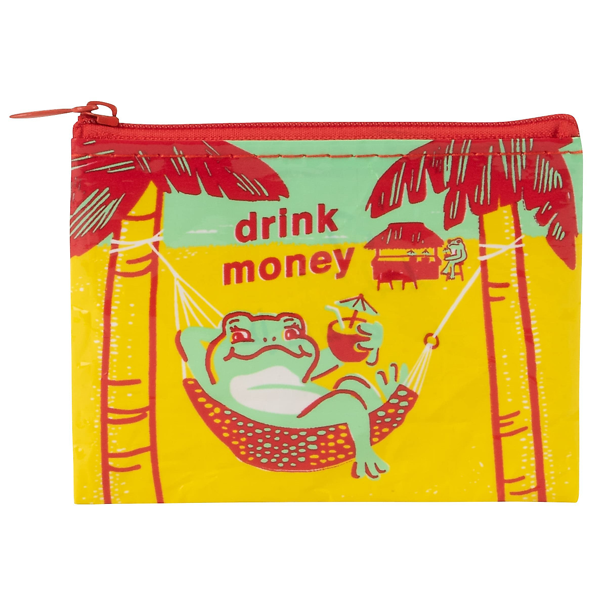 Blue Q Coin Purse ~ Drink Money. Made from 95% recycled material, the ultimate little zipper bag to corral coins, gift cards, ear buds. 3"h x 4"w.