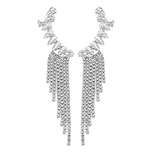 Denifery Long Tassel Dangle Earring Geometry Rhinestone Earrings Sparkling Crystal Drop Earrings for Women Girls (Silver)