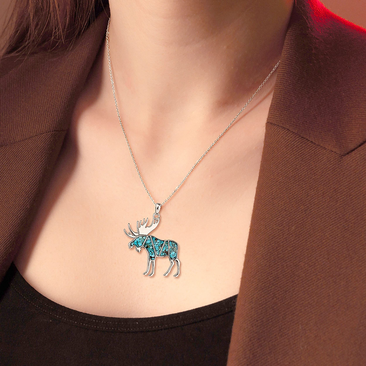 Lauren-Spencer Gemstone Animal Necklace Turquoise Tiger's Eye Tumbled Chips Animal Pendant Necklace Bear Moose Goat Deer Elk Necklace Wildlife Nature Jewelry Gift for Women Men (Moose-Turquoise)