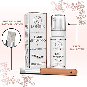 2 in 1 Eyelash Extension Shampoo & Mascara Remover/LONRIS Eyelid Foaming Cleanser/Extensions and Natural Lashes Safe Foam/False Eyelashes Makeup Wash/Paraben & Sulfate Free/Personal and Salon Use 50ml