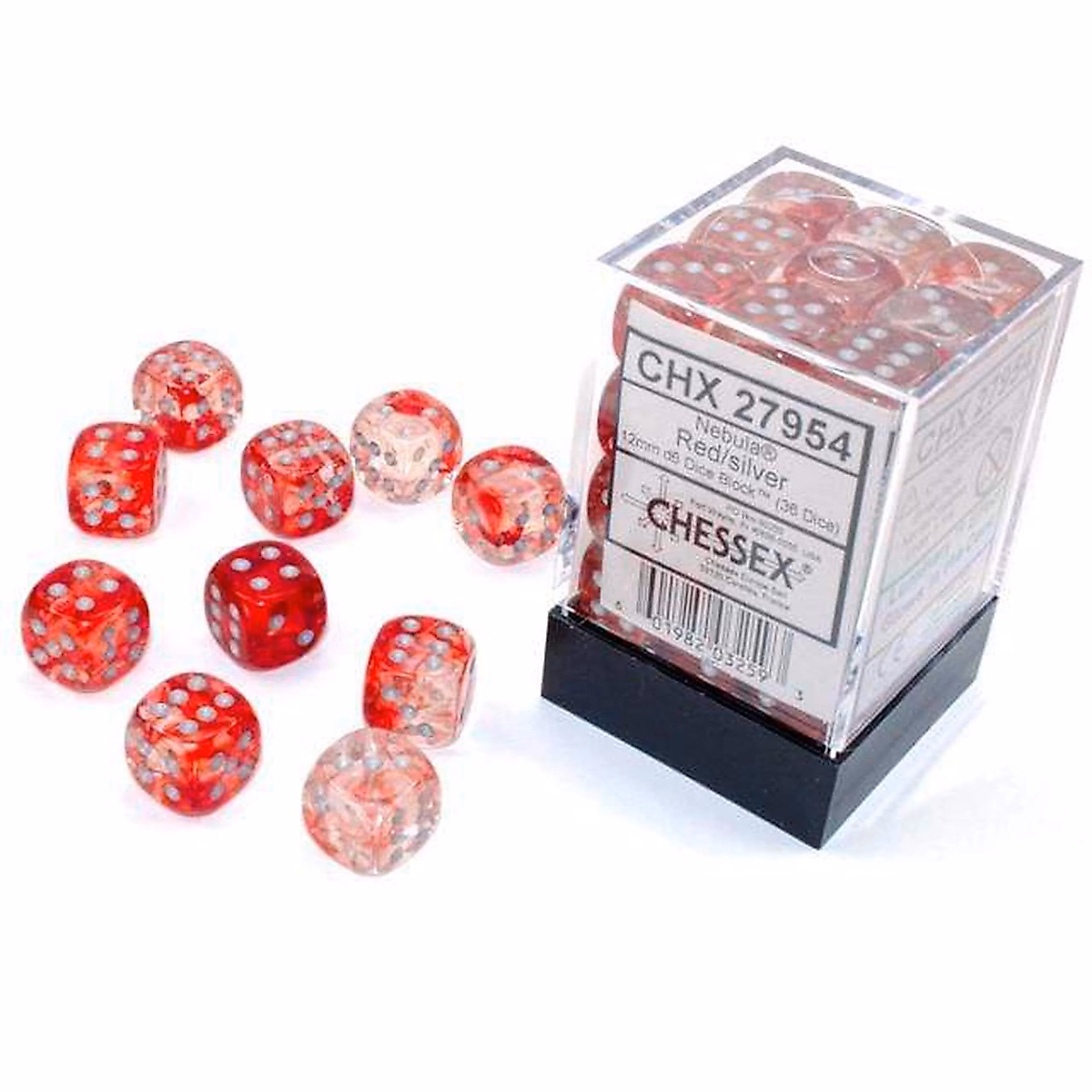 Chessex Nebula 12mm d6 Red/Silver w/Luminary Dice Block (36 dice)