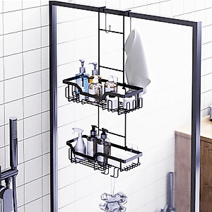 Over the Door Shower Caddy, Hanging Shower Shelves With 2 Tier Rack, No Drilling Adhesive Shower Organizer for Bathroom - Black