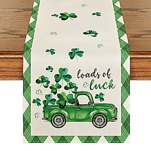 Artoid Mode Buffalo Plaid Edge Shamrock Loads of Luck St. Patrick's Day Table Runner, Seasonal Spring Holiday Kitchen Dining Table Decoration for Indoor Outdoor Home Party Decor 13 x 72 Inch