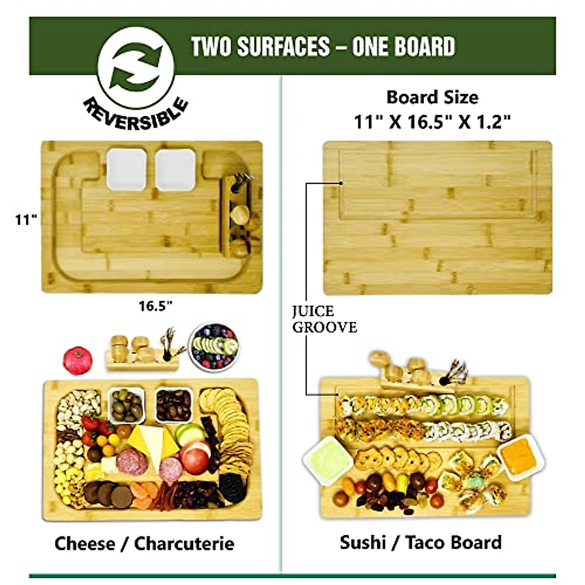 PandPal Charcuterie Cheese Board Set with Bonus Knives, Bowls, and Forks – Reversible Extra Large Bamboo Board & Serving Tray with Deep Grooves and Easy Handles