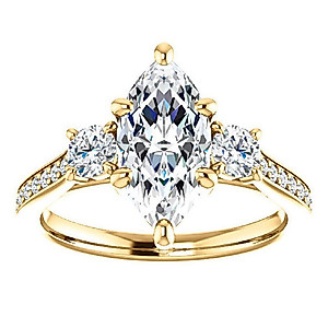Three-Stone Handmade Engagement Ring 2 CT Marquise Cut Moissanite Solitaire Wedding Ring for Women Propose Gifts Her (14K Solid Yellow Gold)