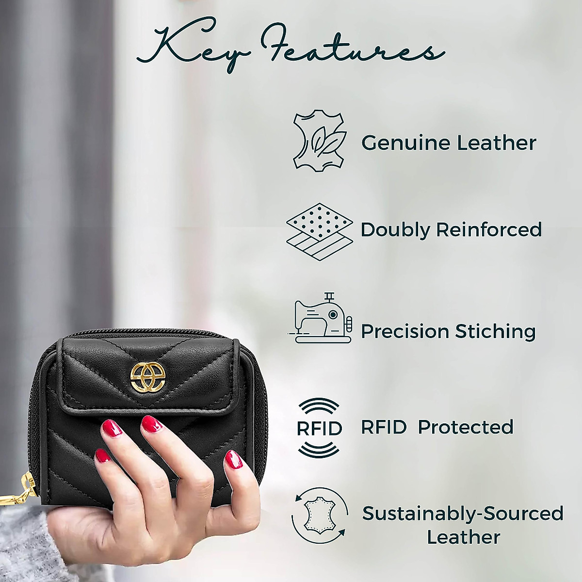 eské Medina - Tri-Fold Mini Wallet - Genuine Quilted Leather - RFID Blocking - Holds Cards, Coins and Bills - Compact Design - Pockets For Everyday Use - Travel Friendly - Water Resistant - For Women