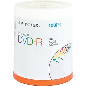 Memorex DVD-R 16x 4.7GB 100 pack Spindle White Inkjet Printable