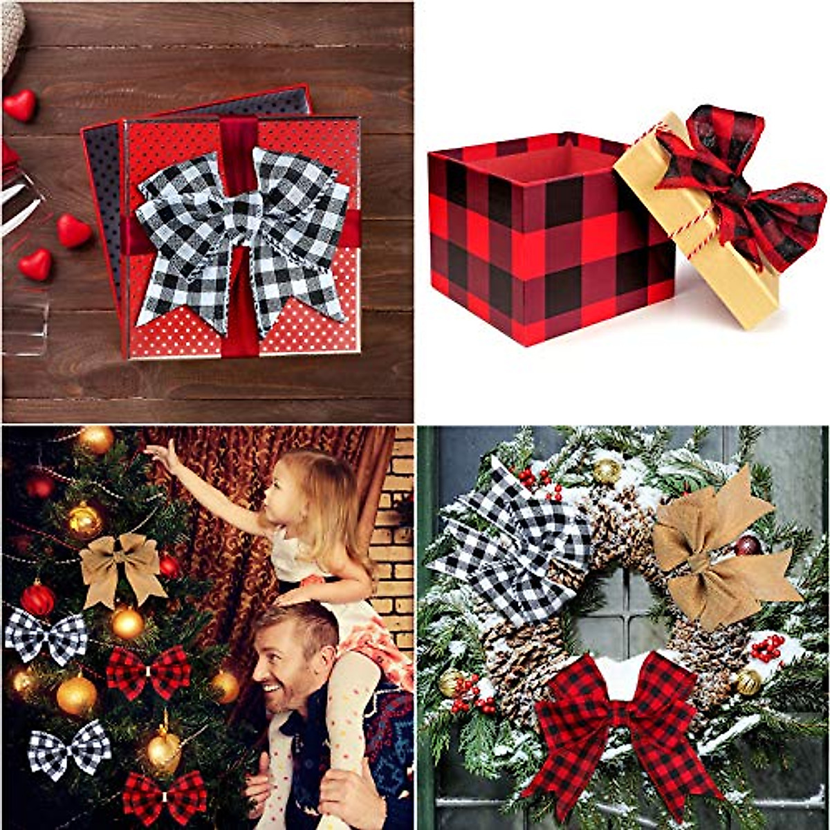 Wooden Ribbon Bow Maker with 3 Rolls Wired Burlap Craft Ribbons for Christmas Bows Holiday Wreaths Crafts Decoration