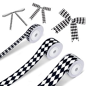 3 Rolls Black White Checkered Grosgrain Ribbon,Plaid Buffalo Ribbon Gift Packaging Ribbon,Crafts Racing Car Theme Printed Checkered Ribbon, for Bow,Xmas Fall Tree Wrapping,DIY Wreath Decorations