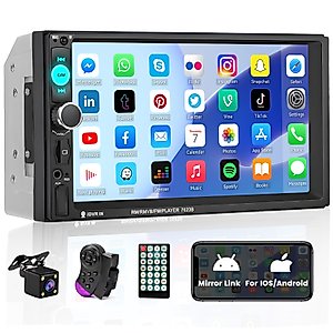 Hikity 7 Inch Double Din Car Stereo Touch Screen Car Radio with Bluetooth Backup Camera, FM Car Audio Receivers, Support Mirror Link for Android iOS Phone USB AUX-in TF Card
