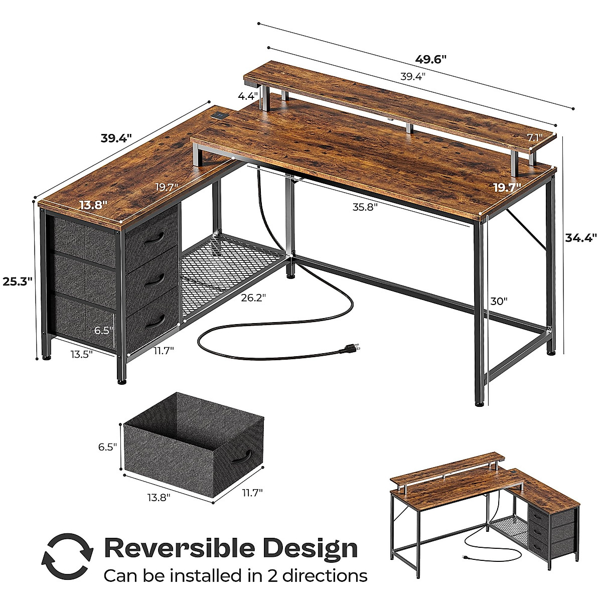 Huuger Reversible L Shaped Computer Desk with Drawers, Gaming Desk with LED Lights and Power Outlets, Office Desk with Storage, Corner Desk with Monitor Stand, for Home & Office, Rustic Brown
