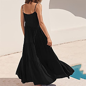Women’s Summer Casual Loose Sleeveless Spaghetti Strap Asymmetric Tiered Beach Maxi Long Dress (A-Black, XXL)