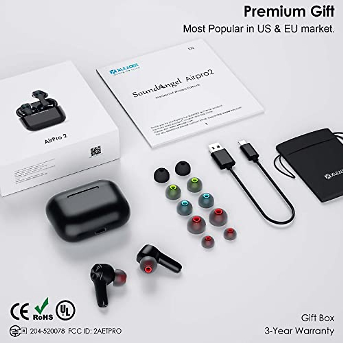 XLEADER Touch Wireless Earbuds, ENC Bluetooth Earphones, SoundAngel Pro Deep Bass up Small Headphones with Microphone and Mini Smart Charging Case USB-C Quick Charge IPX8 Waterproof, for iPhone Work