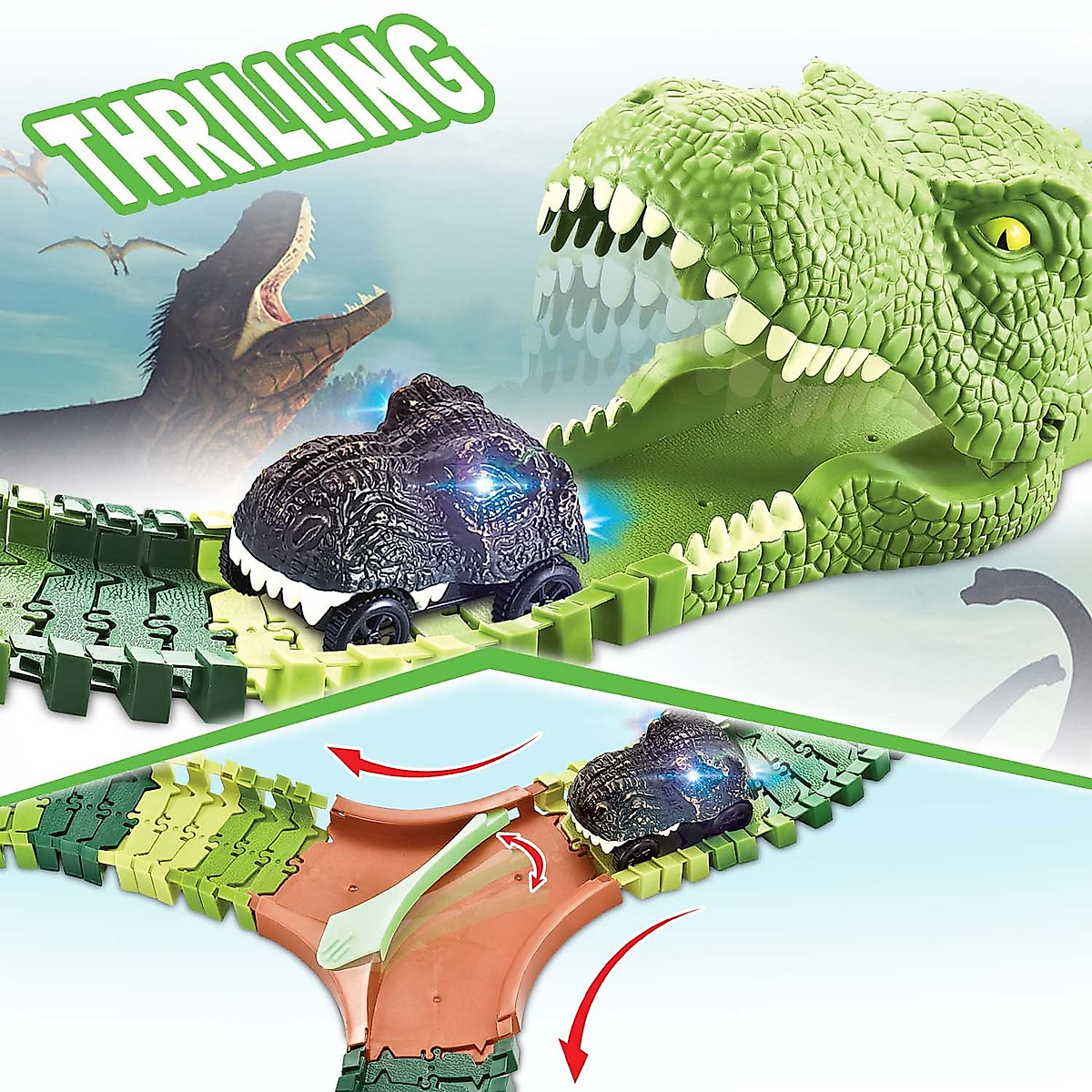 WESPREX Dinosaur Toys Flexible Race Track Toy Set 166 PCS with 2 Dinosaur Cars, Rotary Tower, Slide, Tunnel, U-Turn Station, 2 Dinosaur Figures, Toy Vehicle Playset, Gift for Kids Boys Girls Ages 3+