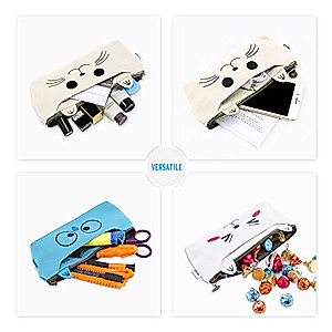 IPOW 3 Pack Kids Pen Cases, Cute Cat Pencil Pouches with Ears and Faces for Girls Boys and Adults, 3 Colors Pencil Bag for Pens, Markers and Erasers, Aesthetic Canvas Cosmetic Tool Pouch