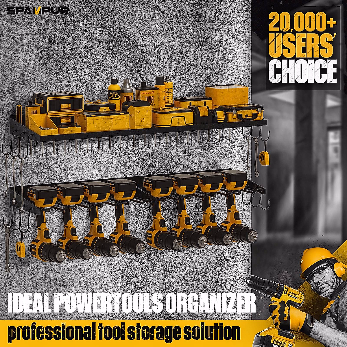 Spampur Power Tool Organizer with Charging Station, Tool Storage Rack for Garage Organization, Wall Mount Cordless Drill Holder and Battery Shelf, Heavy Duty Utility Racks 2 pack 4 set