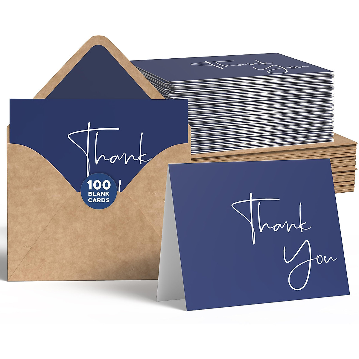 100 Navy Blue Thank You Cards with Envelopes & Stickers | Classy Thank You Notes Bulk Box Set | Large Professional Looking 4” x 6" Cards Perfect for Business, Graduation, Baby Shower & Wedding