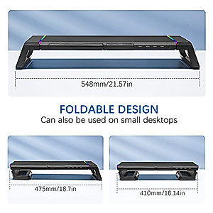 MOOJAY Monitor Stand for Desk RGB Gaming Lights with 4 USB 2.0, Foldable Computer Screen Riser with Storage Drawer and Phone Holder, Desk Organizer Laptop Stands Shelf, for PC/Laptop/iMac - Black