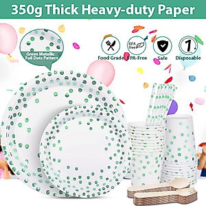 168PCS Green and Gold Party Supplies, Severs 24 Disposable Party Dinnerware Include Paper Party Plates, Cups, Napkins, Straw, Wooden Fork Spoon for Wedding, Birthday Party, Birthday Baby Shower