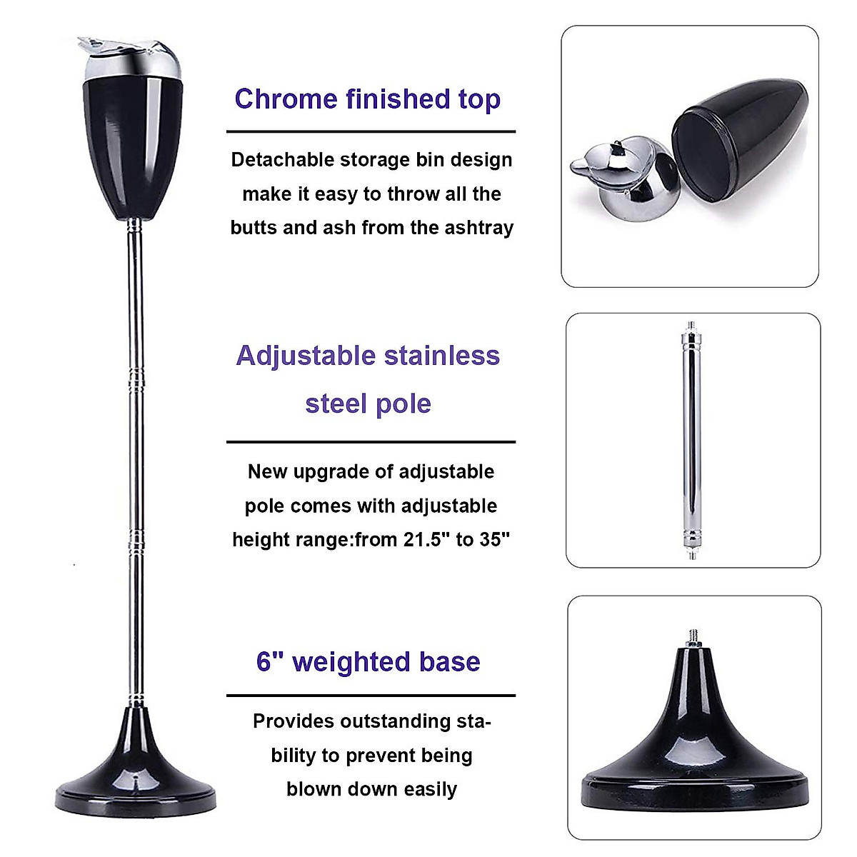 Floor Standing Ash Tray with Lid Adjustable Height from 21.5" to 35" Stainless Steel Contemporary Self-Cleaning Telescopic Smoking Ashtray Cigarette Ashtrays Tall Patio Windproof Ash Holder