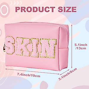 Burskit Preppy Patch Skincare Bag Travel Makeup Bag Varsity Letter Cosmetic Toiletry Cute Bag for Teen Girls PU Leather Portable Zipper Pouch Storage Purse Waterproof Organizer (Pink)