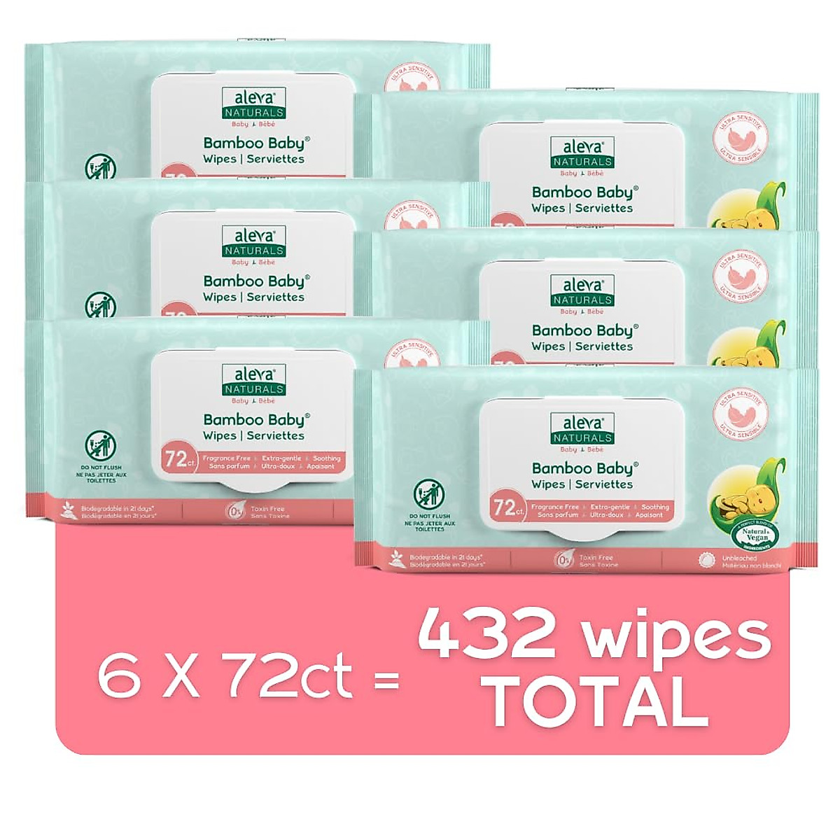 Aleva Naturals Bamboo Baby Sensitive Wipes | Unscented | Extra Strong and Ultra Soft | Natural and Organic Ingredients | Certified Vegan | 6 Packs of 72ct – Total of 432ct