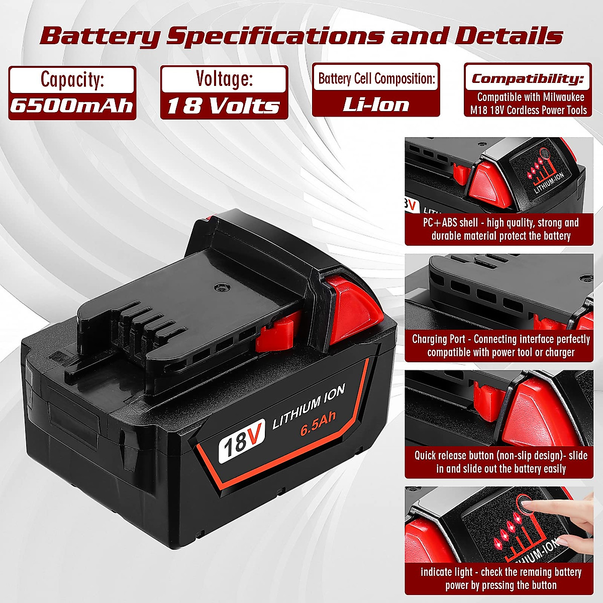 HUSUE 6.5Ah 18V Replacement Battery for Milwaukee M18 Battery, Lithium Battery Compatible with Milwaukee M18 18V 48-11-1815, 48-11-1820, 48-11-1840, 48-11-1850, 48-11-1860 Cordless Power Tools, 2 Pack