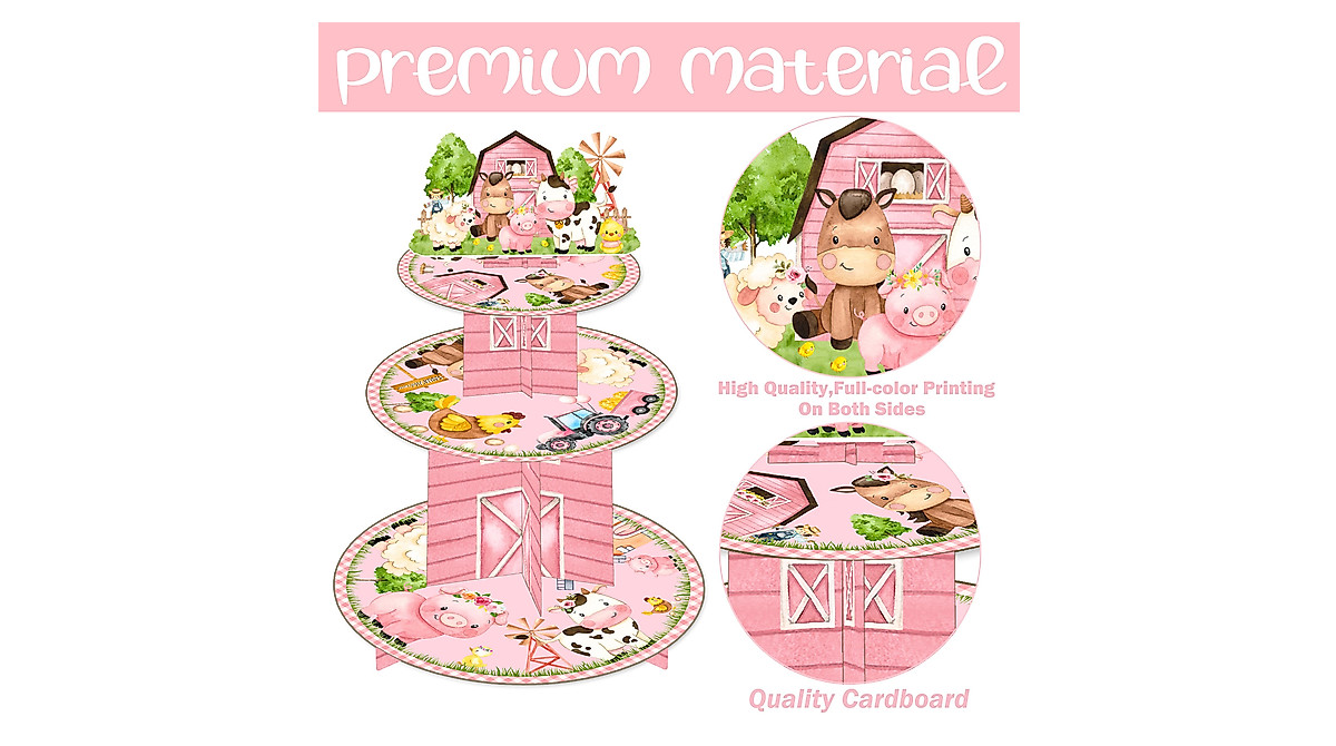 Pink Farm Animals Cupcake Stand 3 Tiers for Farm Parties & Baby Showers
