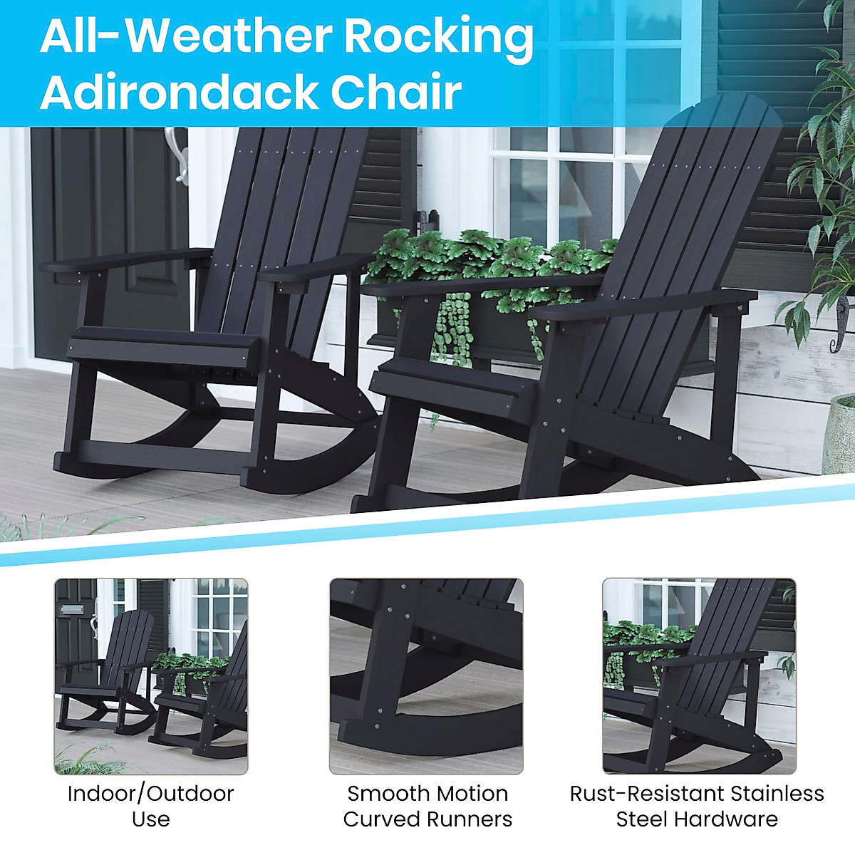 Merrick Lane Atlantic Rocking Adirondack Chairs with Cushions - Black Polyresin Construction - Cream Comfort Foam Cushions - Classic Design - Set of 2