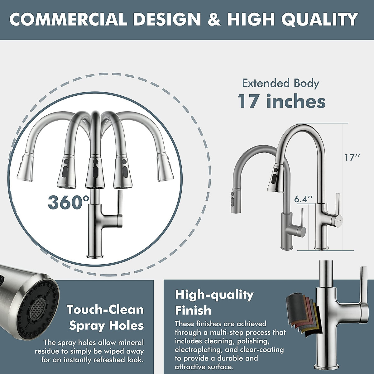 Lavatrum Brushed Nickel Kitchen Faucet with 3-Function Sprayer Pull Down Sprayer Extended Body Single Handle High Arc Kitchen Sink Faucet 17 Inch