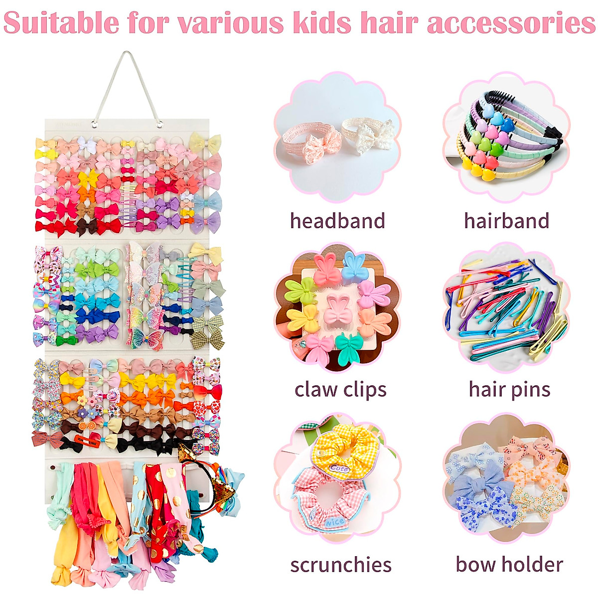 JOYMOMO Hair Bow Holder Organizer For Girls Hanging Bow Holder For Girls Hair Accessories Storage Organizer For Headbands, Hair Clips, Hair Ties, Scrunchies (Without Hair Bows) (beige)