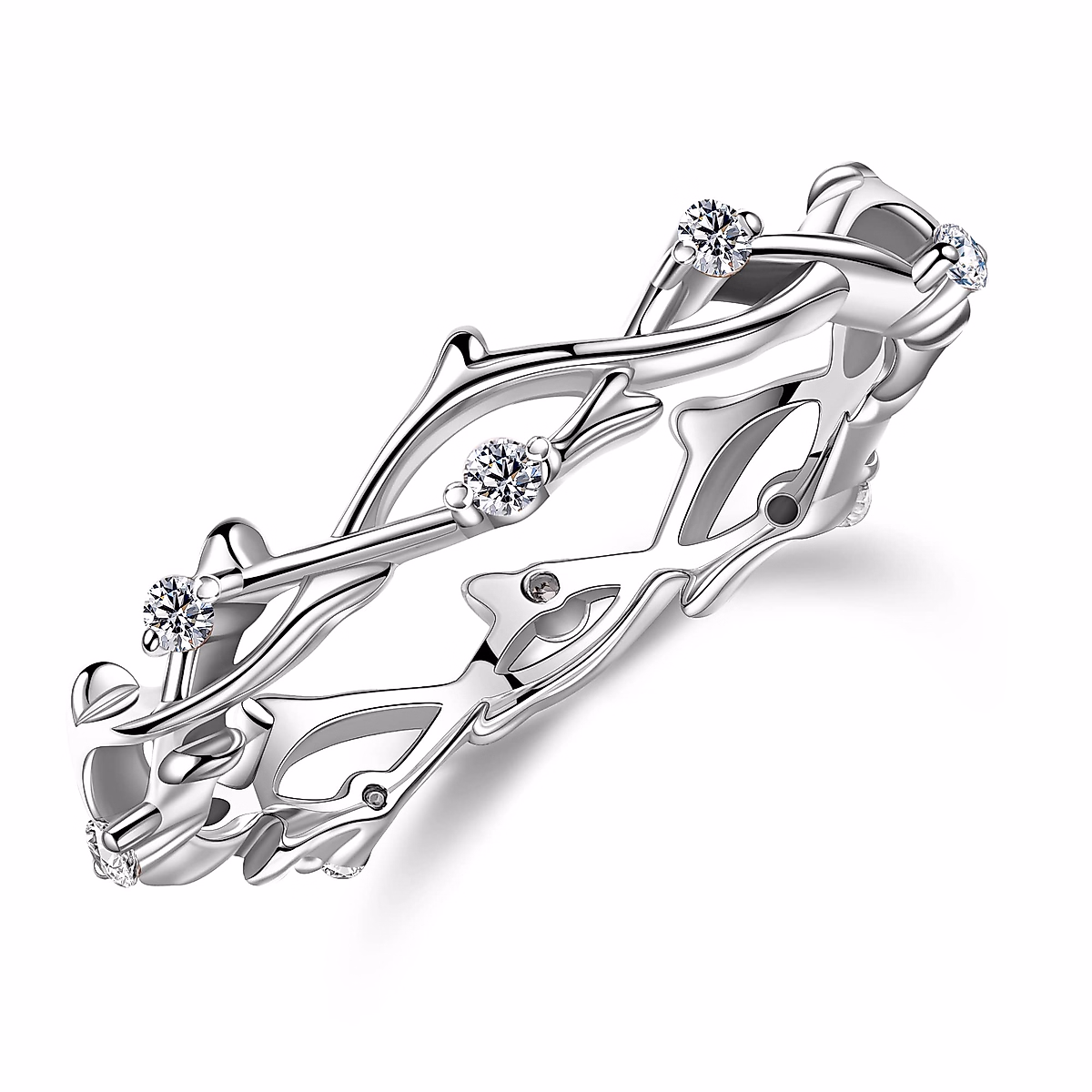 MOOSEA Twig Moissanite Stackable Wedding Ring, 14K White Gold Vermeil, D Color VVS1 Clarity Lab Created Moissanite, Half Eternity, Female, 4.5 Size