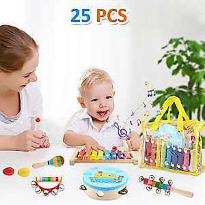 Toys for Toddlers, 25 Pcs Wooden Musical Percussion Instruments, Preschool Educational Learning Tambourine Xylophone Toys for Toddlers Kids Children with Storage