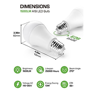 Eastiya A19 LED Light Bulbs 100 Watt Equivalent Daylight 5000K, 13W 1500LM Super Bright LED Bulb, E26 Base, Energy Saving, 20000+ Hours Longevity, Non-Dimmable, No Flickering, 4-Pack