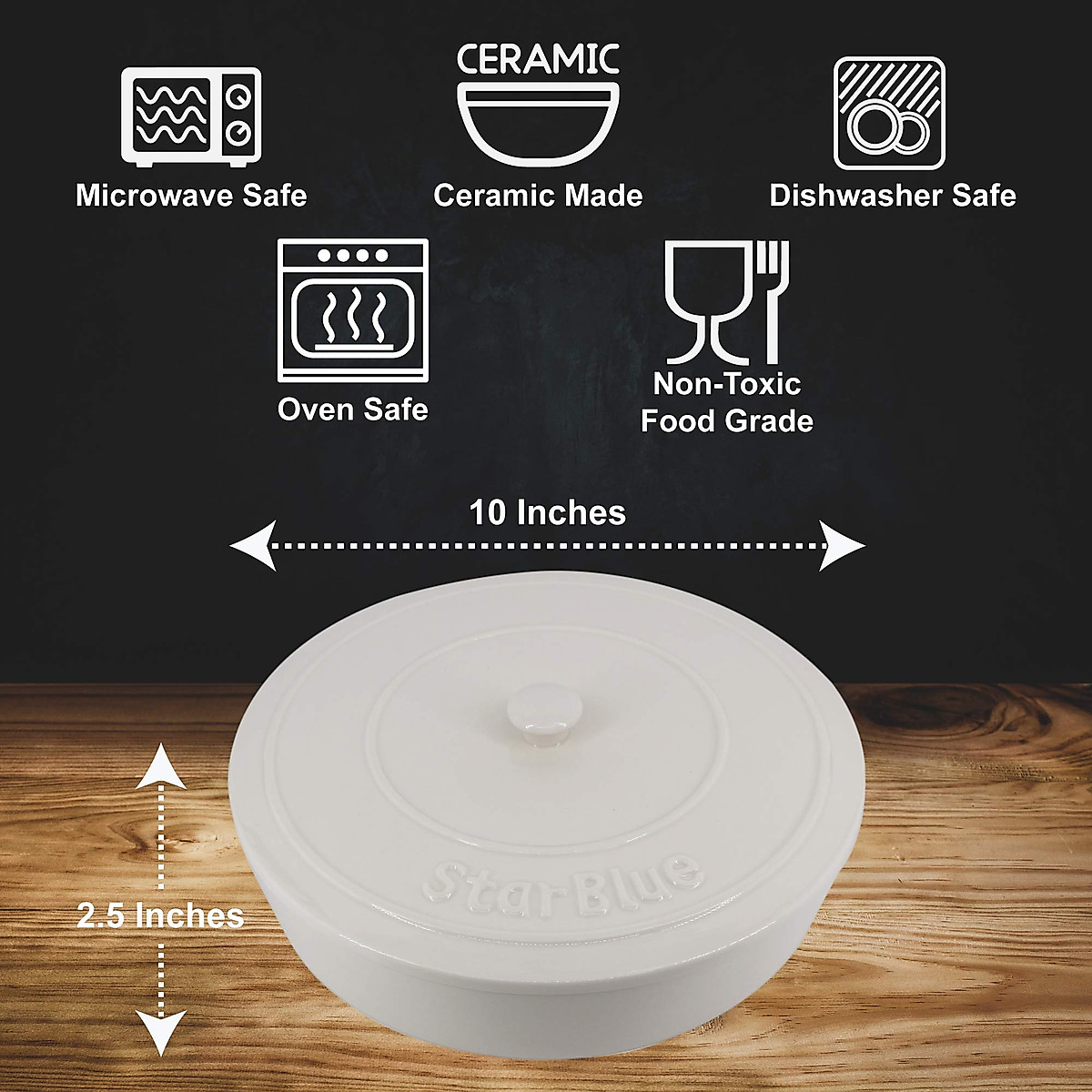 10 Inches Ceramic Tortilla Warmer by StarBlue with FREE Recipes ebook - White, Insulated One Hour and Holds up to 24 Tortillas,Chapati, Roti, Microwavable, Oven Safe