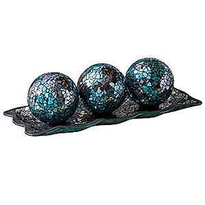 KMwares 12.4” Mosaic Glass Decorative Tray Dish Plate with 3pcs 3" Decorative Orbs Balls Sphere Decor for Living Room or Dining Table Coffee Table Mantle Decor Centerpiece (Turquoise)