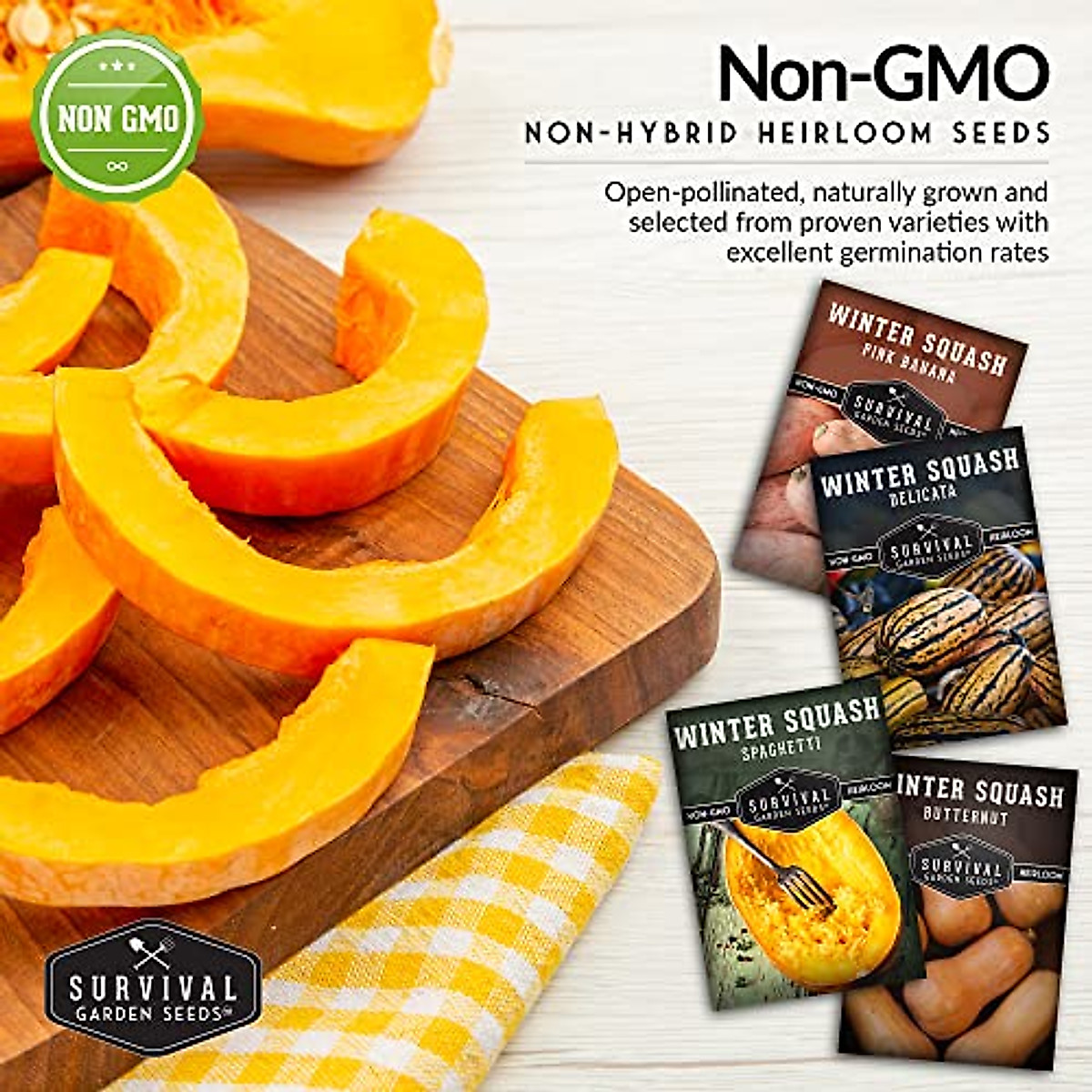 Survival Garden Seeds Winter Squash Collection Seed Vault - Non-GMO Heirloom Varieties for Planting and Growing in The Vegetable Garden - Butternut, Delicata, Pink Banana, and Spaghetti Squash
