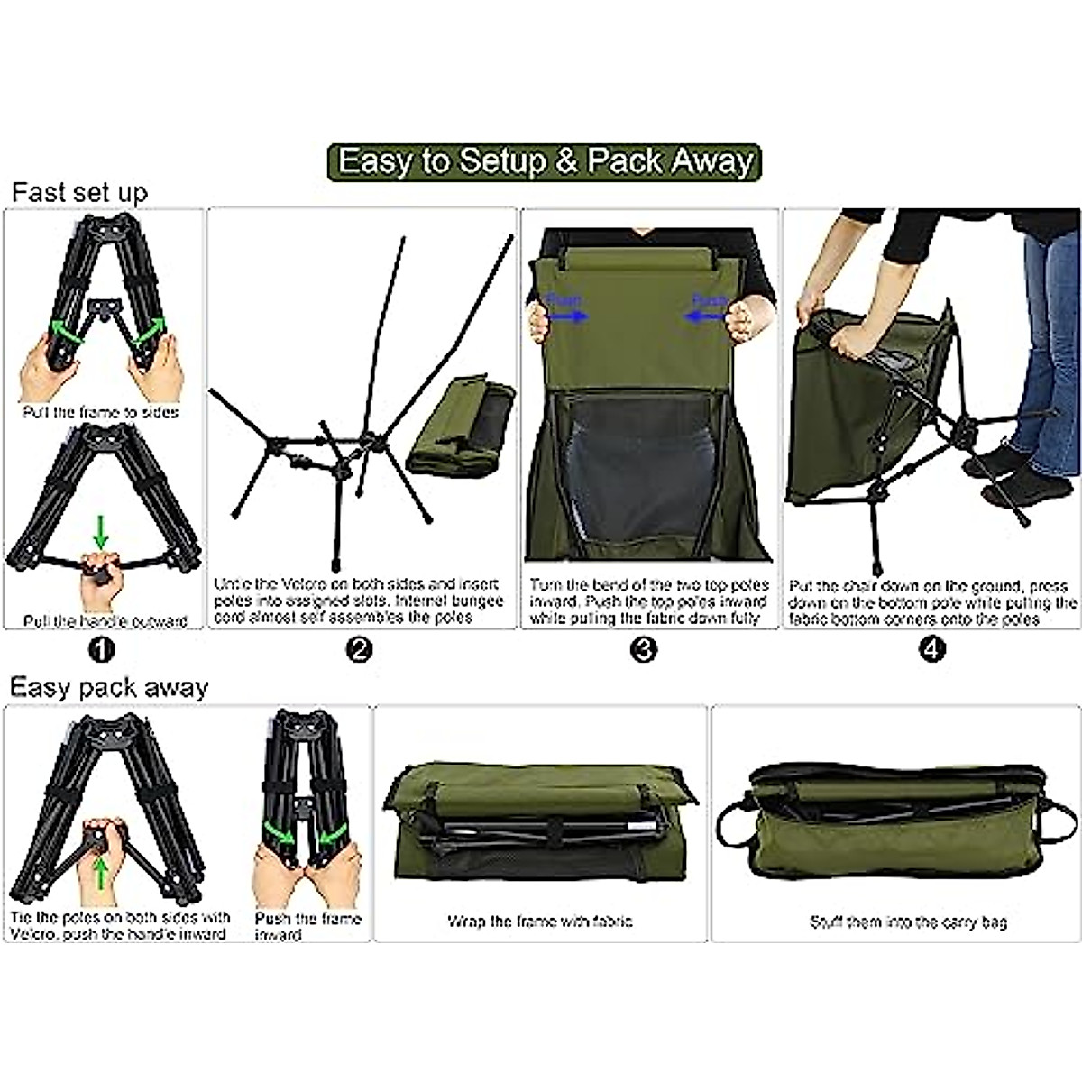 MARCHWAY Lightweight Folding High Back Camping Chair with Head Support, Stable Portable Compact for Outdoor Camp, Travel, Beach, Picnic, Festival, Hiking, Backpacking (Green)