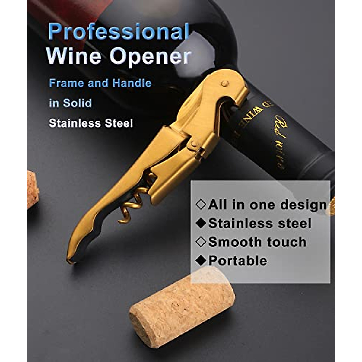 WAFJAMF Professional Waiter Corkscrew Wine Opener & Liquor Bottle Pourer Set w/Foil Cutter and Cap Remover, Stainless Steel Double Hinged Wine Key for Servers, Waiters, Bartenders(Gold)