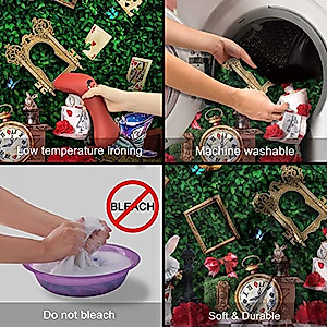 Yriujul 7x5ft Fabric Wonderland Enchanted Tea Party Photography Backdrop Kids Fairy Tale Green Grass Birthday Background Checkerboard Rabbit Photo Tapestry Props