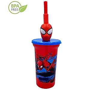 Marvel Super Hero Spiderman Water Tumbler with 3D Character Head Straw Drinkware - Safe BPA free Bottles, Easy to Clean, Perfect Gifts for Kids Boys Girls Toddlers for Home Travel Goodies
