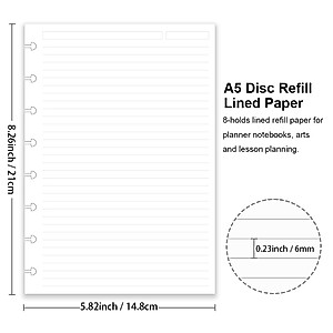 Junior Size Discbound Refill Paper - 8 Discs Discbound Paper, Lined Arc Paper Refill, 100gsm, Disc Paper Refill White Paper, 100 Sheets/200 Pages, 5.8 X 8.25 in