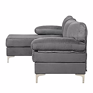 Divano Roma Furniture Modern Velvet L-Shape Sectional Sofa, with Extra Wide Chaise Lounge Couch, Grey