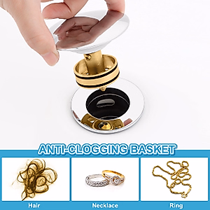 Homikit Bathroom Sink Drain, Pop Up Drain Stopper with Overflow, 18/10 Stainless Steel Drain Assembly with Detachable Anti-Clogging Strainer Basket for Vessel Lavatory Vanity Sink, Polished Chrome