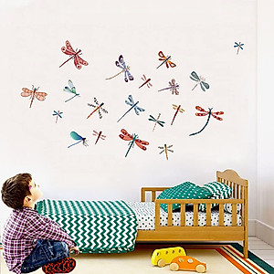 Watercolour Dragonfly Wall Decals，Dragonfly Sticker for Nursery，Lovely Animal Window Clings Decoration Wallpaper Mural for Kid’s Room Classroom School