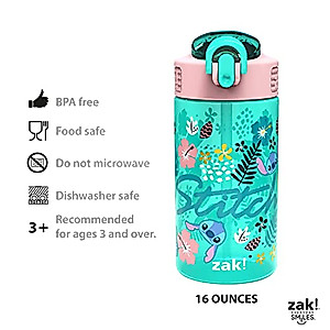 Zak Designs Kids Durable Plastic Spout Cover and Built-in Carrying Loop, Leak-Proof Water Design for Travel, (16oz, 2pc Set), Lilo and Stitch 2pk