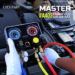 Lichamp HVAC R410A Manifold Gauge Set AC R134A, Freon R22 R32 410A 134A Diagnostic Manifold Gauge with Hose Kit Air Conditioner Refrigerant Recharge Kit