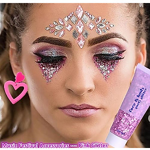 Go Ho Pink Body Glitter Gel and 2 PCS Hot Pink Heart Earrings for Women,Sparkle Pink Holographic Chunky Sequins Glitter Gel with Pink Heart Earrings for Singer Concerts Face Body Glitter Makeup