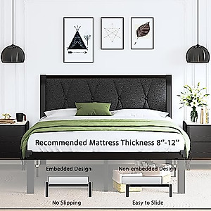 Feonase Full Size Metal Bed Frame with Fabric Button Tufted Headboard, Platform Bed Frame with Heavy Duty Metal Slats, 12" Storage Space, Noise Free, No Box Spring Needed, Dark Grey